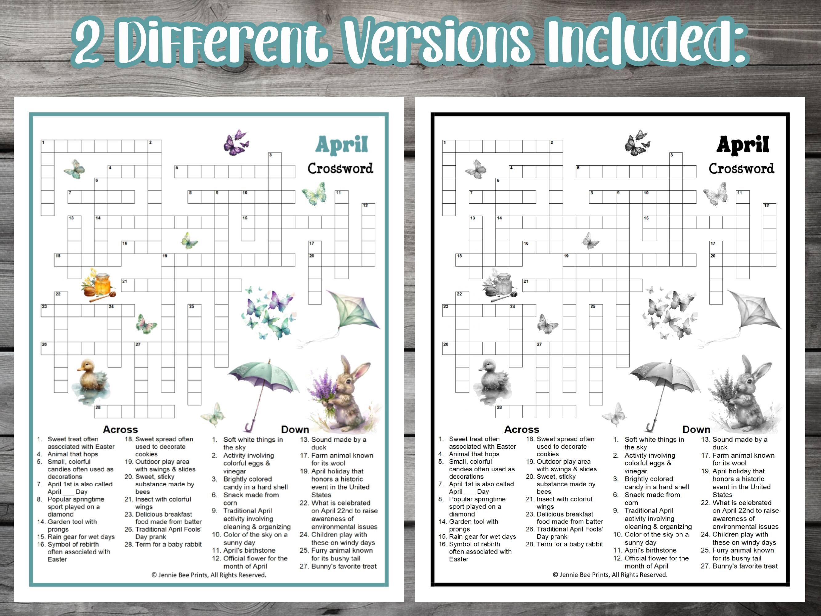 April Crossword Puzzle, Family Friendly Fun Printable, Puzzles for ...