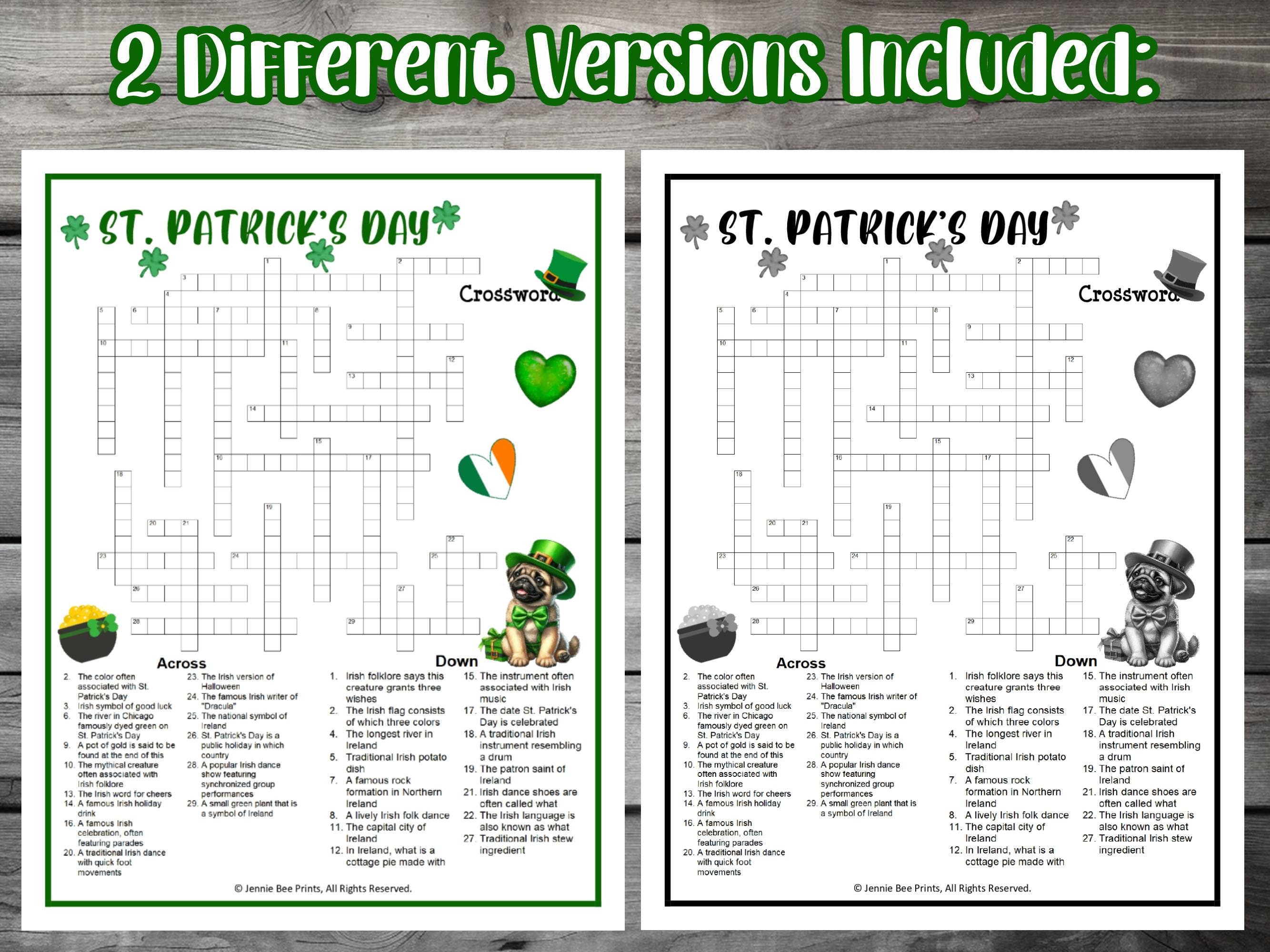 St. Patrick's Day Crossword Puzzle, Family Friendly Fun Printable ...