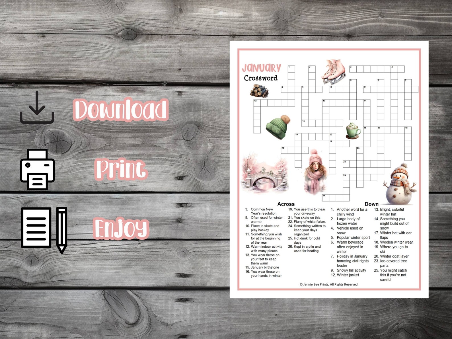 January Crossword Puzzle, Family Friendly Fun Printable, Puzzles for ...