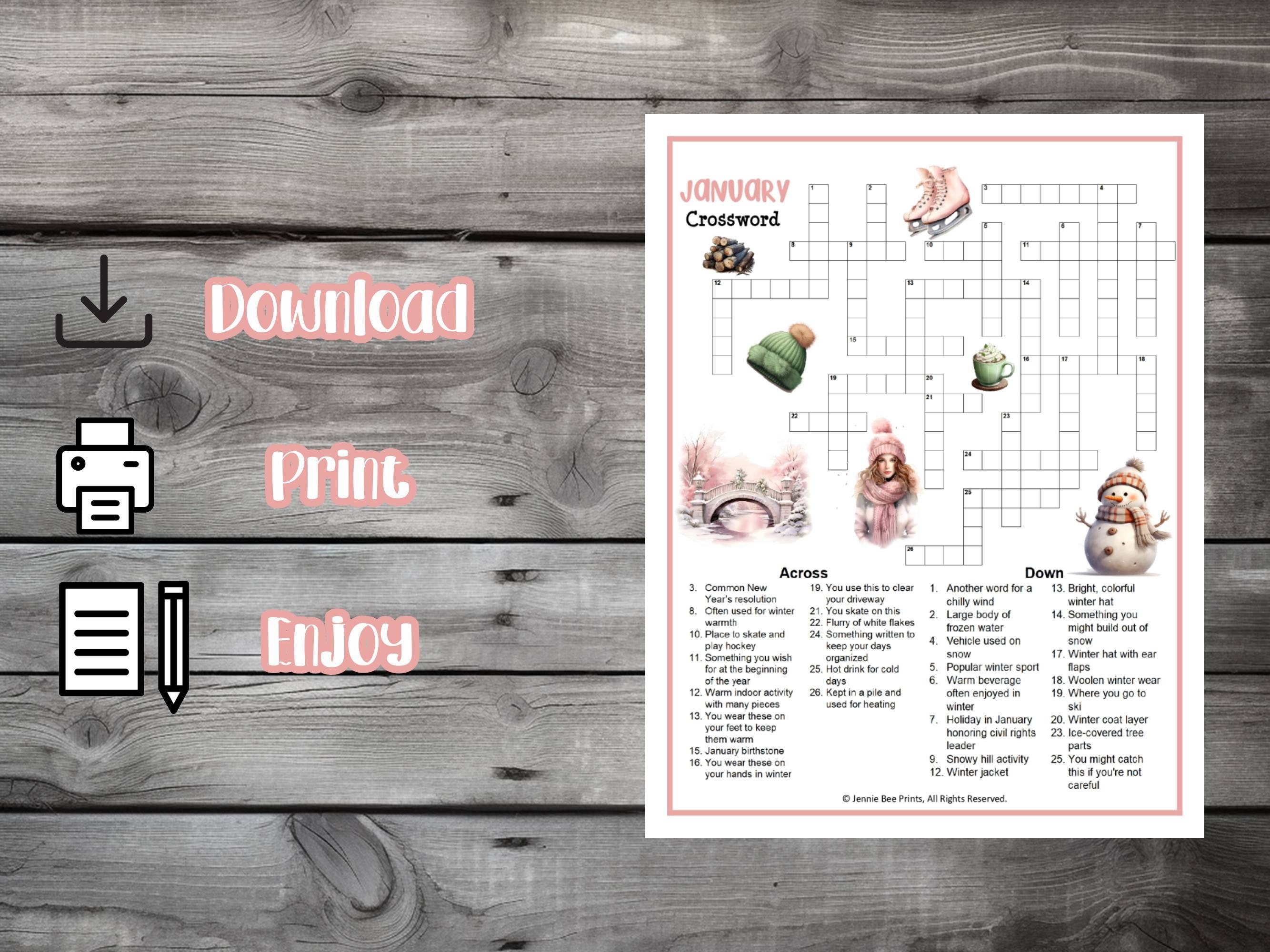 January Crossword Puzzle, Family Friendly Fun Printable, Puzzles for ...