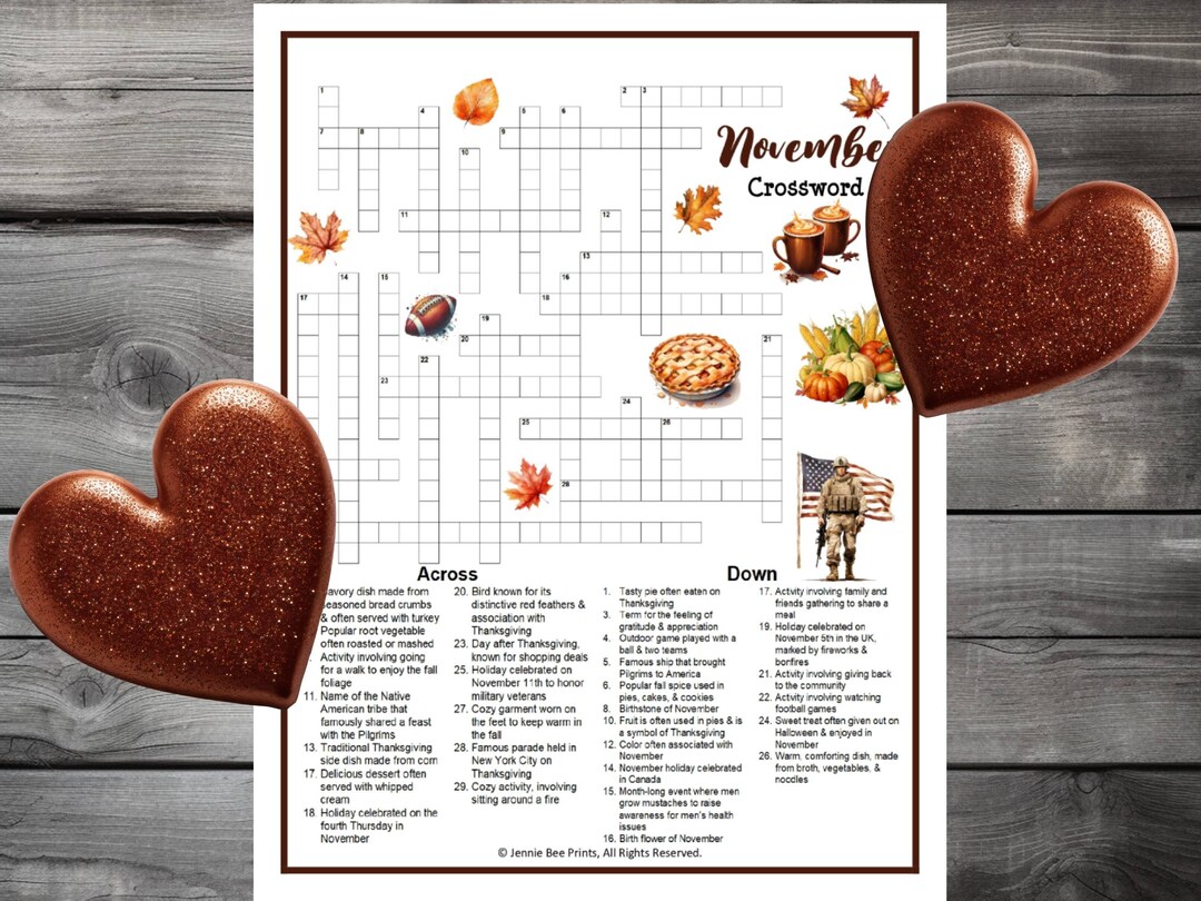 November Crossword Puzzle, Family Friendly Fun Printable, Puzzles for ...