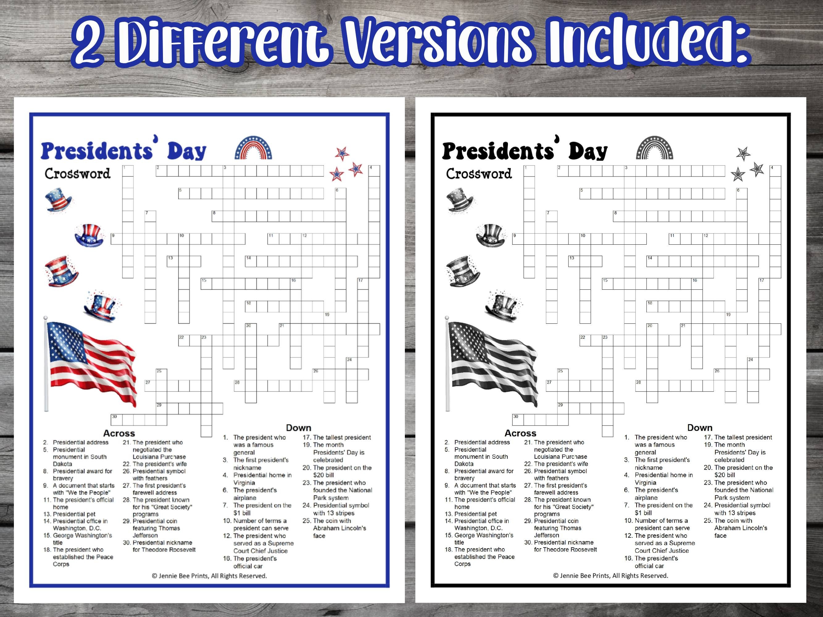 Presidents Day Crossword Puzzle, Family Friendly Fun Printable, Puzzles ...