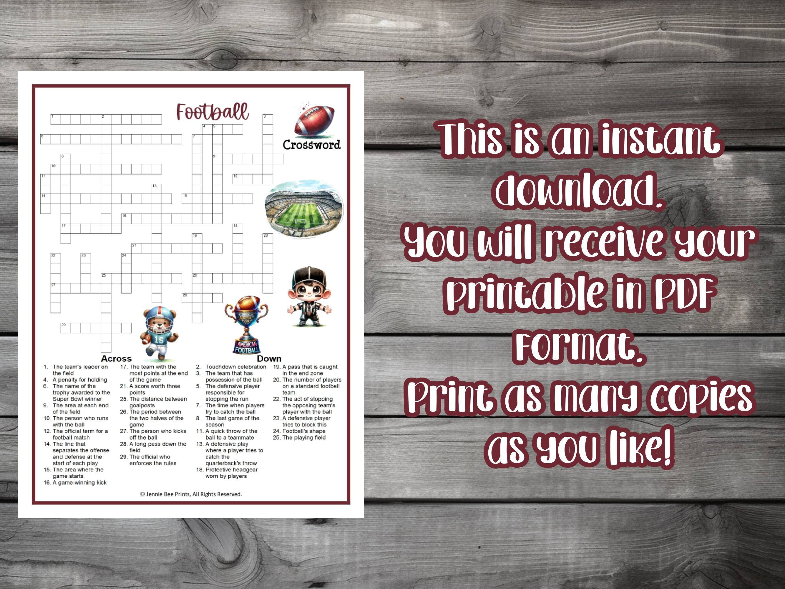Football Crossword Puzzle, Family Friendly Fun Printable, Puzzles for ...