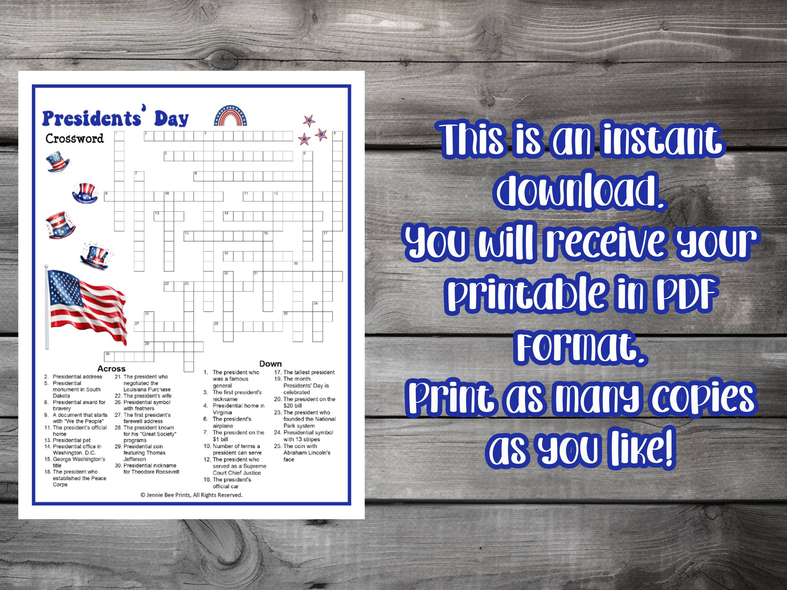 Presidents Day Crossword Puzzle, Family Friendly Fun Printable, Puzzles ...