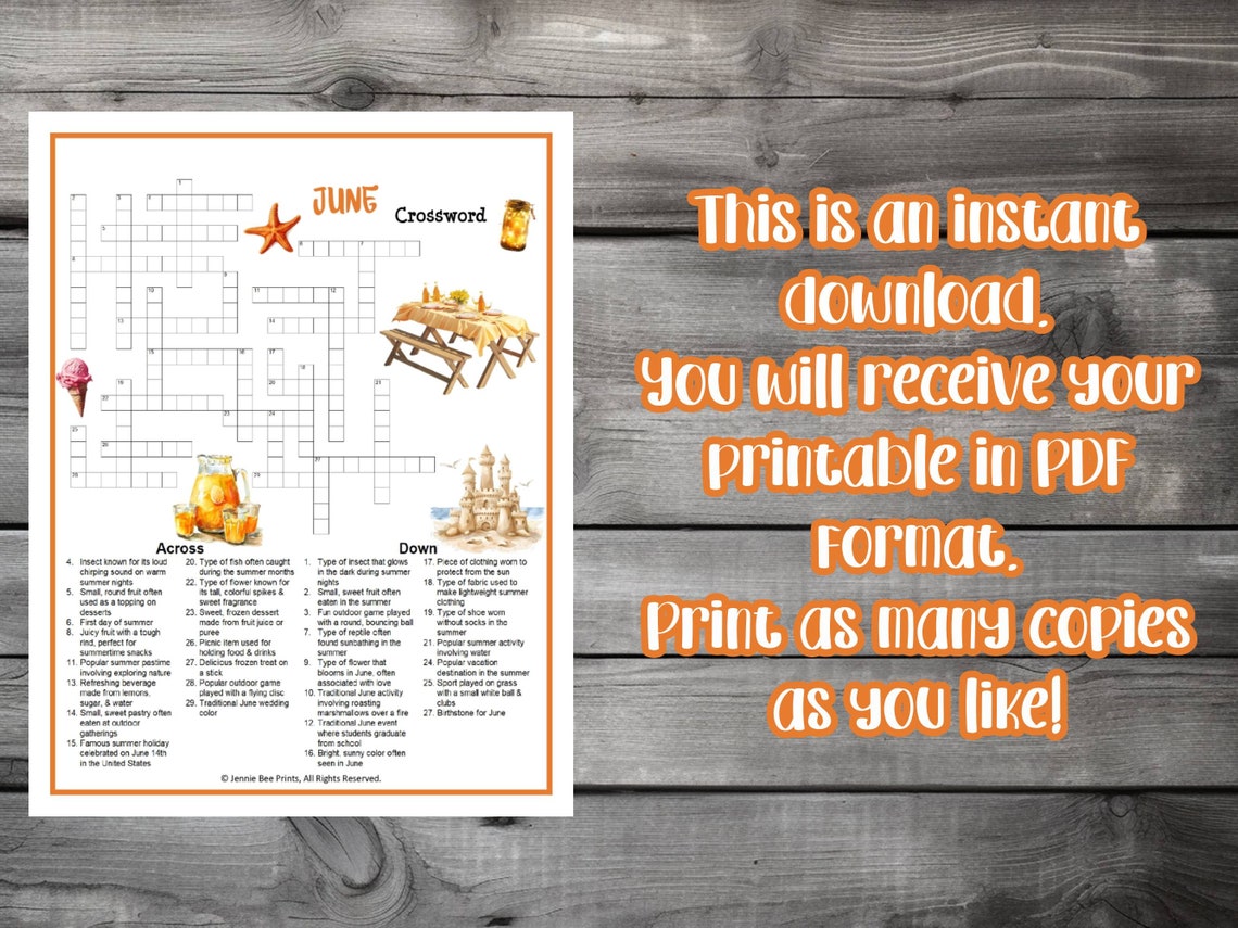 June Crossword Puzzle, Family Friendly Fun Printable, Puzzles for ...