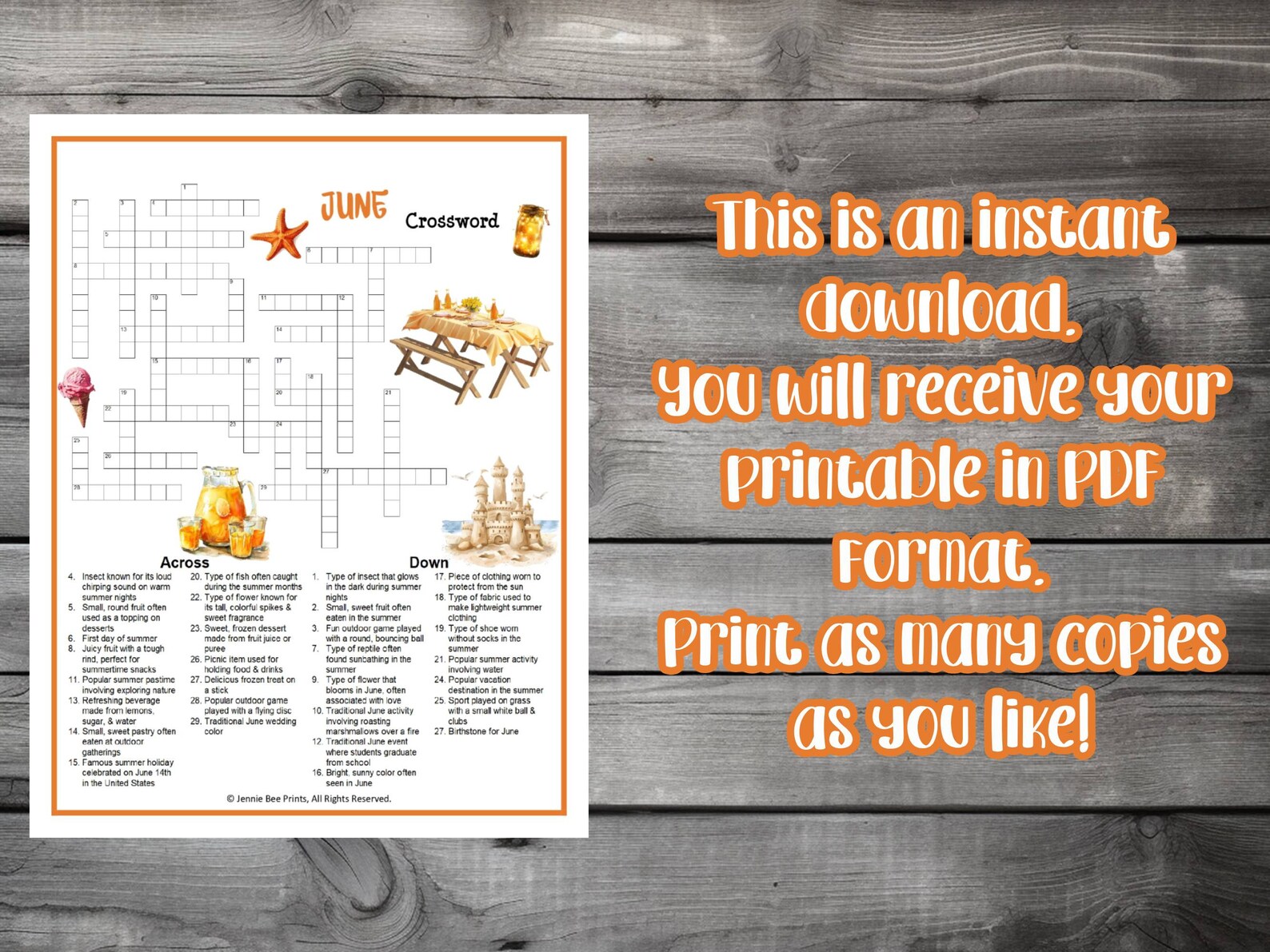 June Crossword Puzzle, Family Friendly Fun Printable, Puzzles for ...