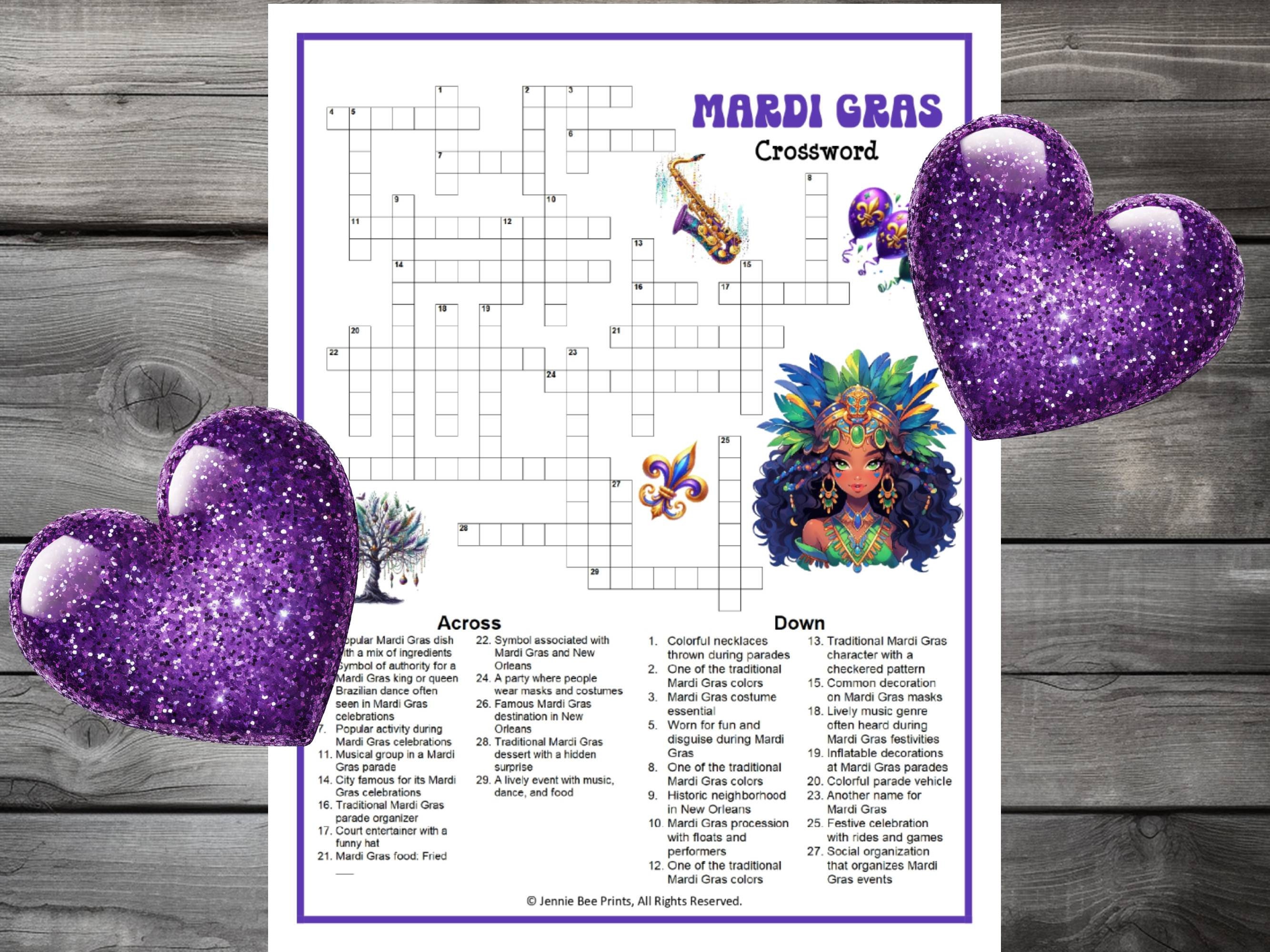 Mardi Gras Crossword Puzzle, Family Friendly Fun Printable, Puzzles for ...