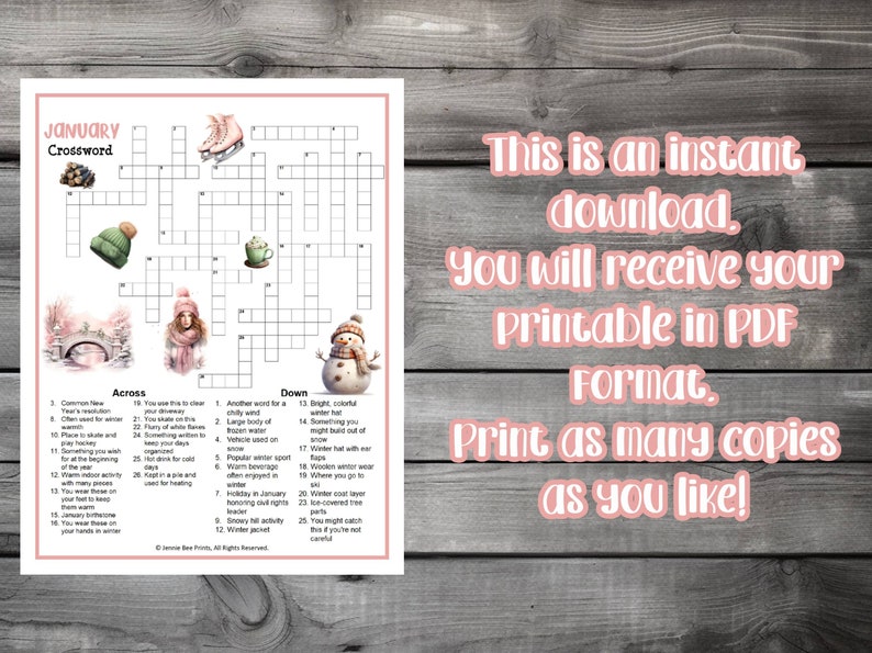 January Crossword Puzzle, Family Friendly Fun Printable, Puzzles for ...