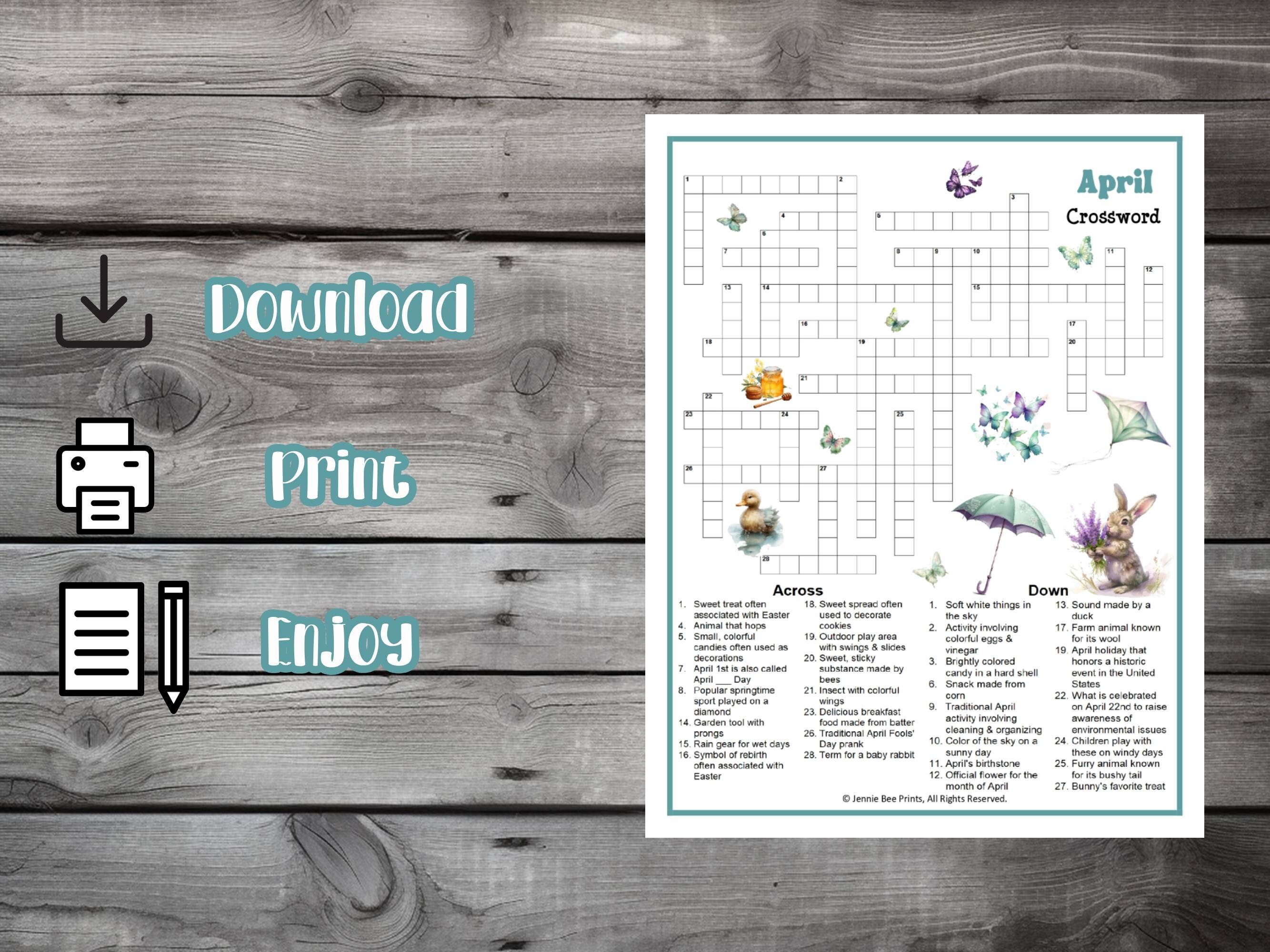 April Crossword Puzzle, Family Friendly Fun Printable, Puzzles for ...