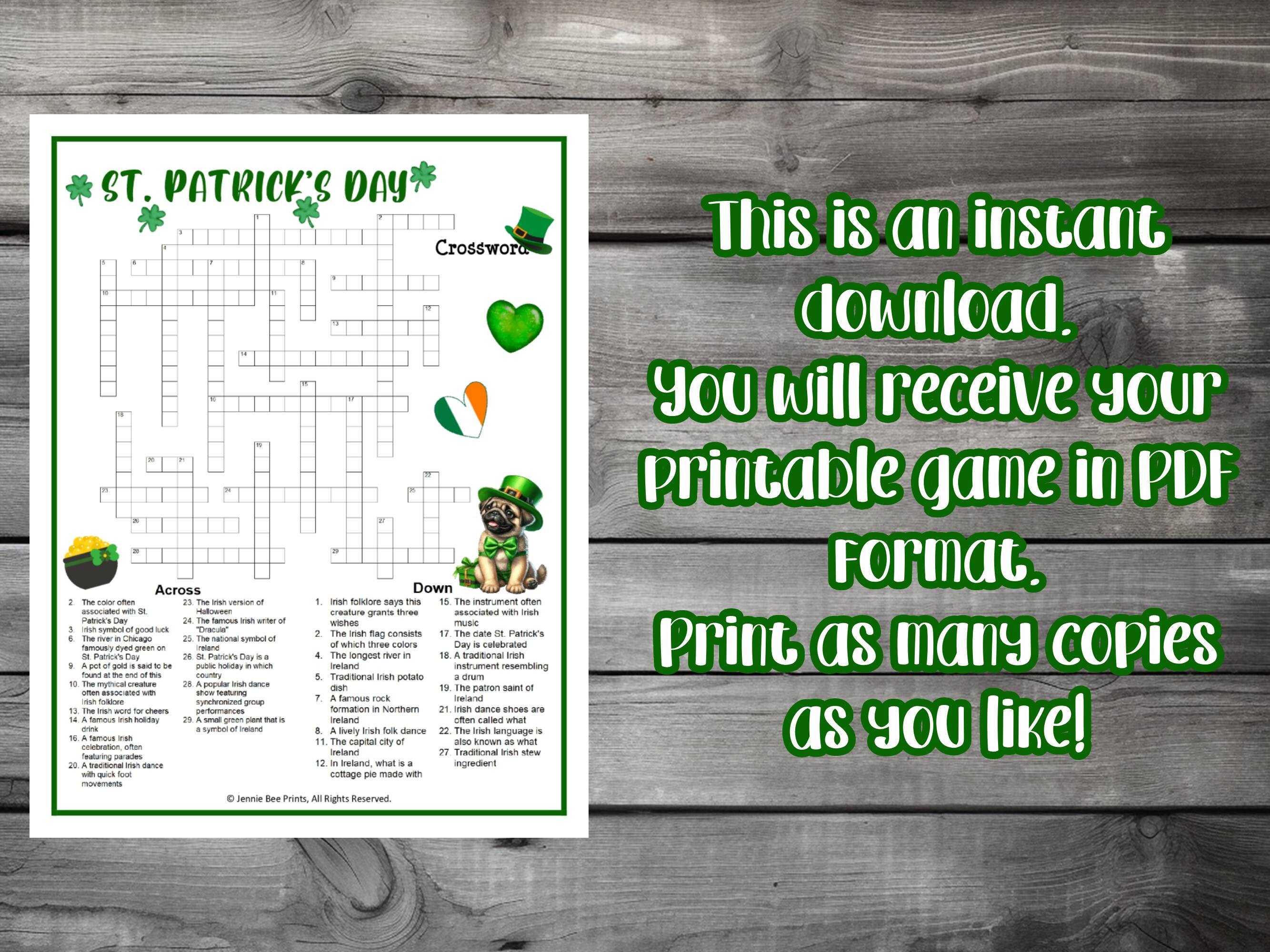 St. Patrick's Day Crossword Puzzle, Family Friendly Fun Printable ...