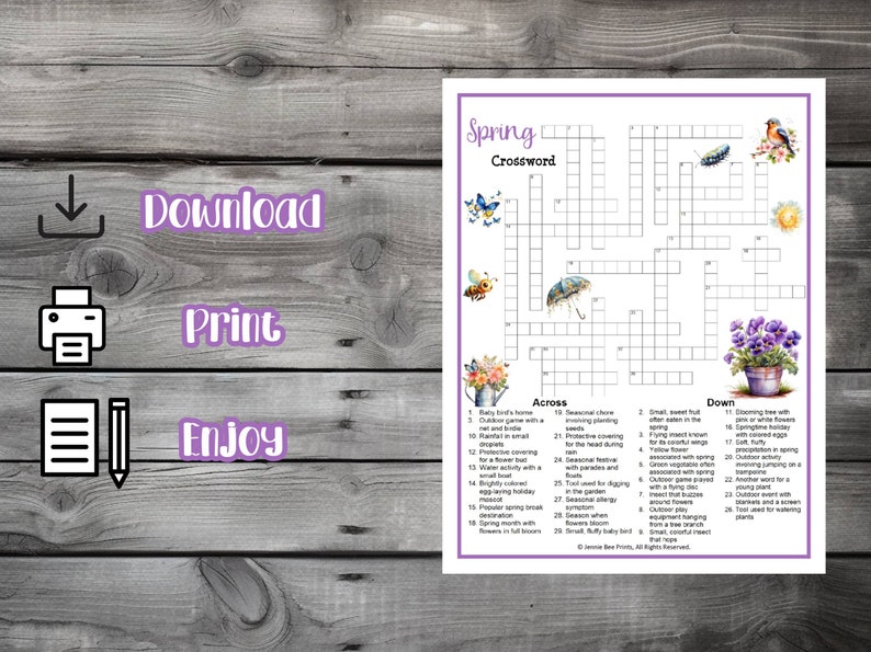 Spring Crossword Puzzle, Family Friendly Fun Spring Printable, Puzzles ...