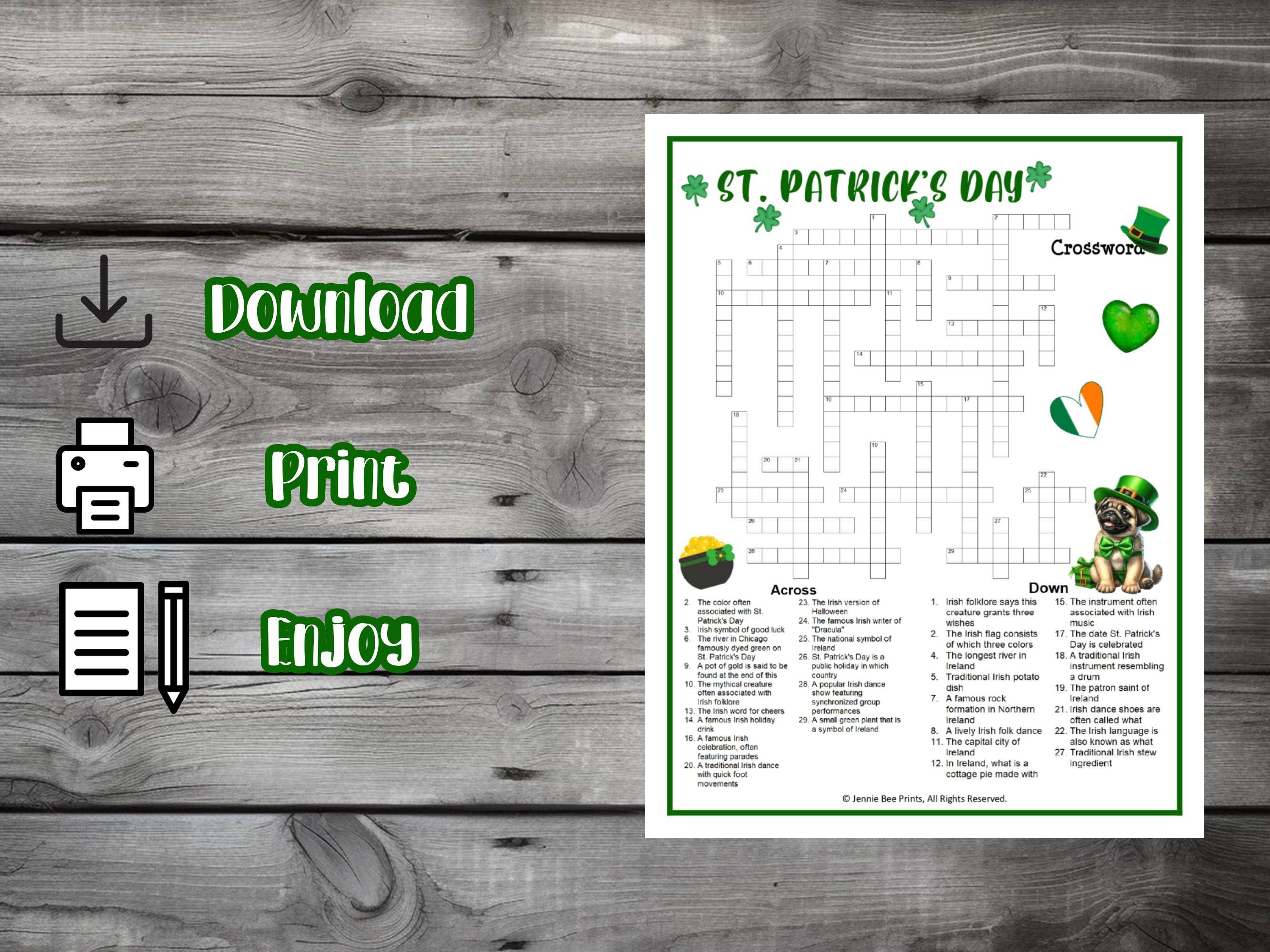 St. Patrick's Day Crossword Puzzle, Family Friendly Fun Printable ...