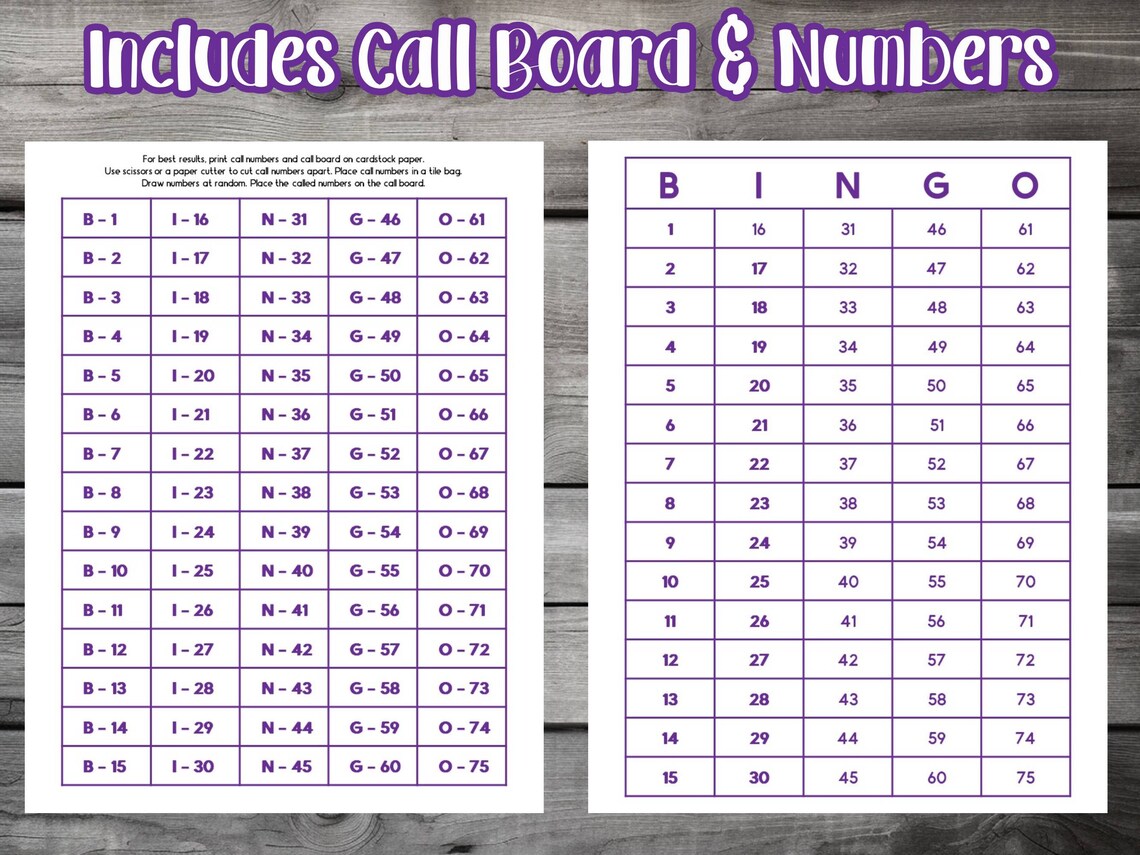 20 Purple Unique Printable Bingo Cards, Family Friendly Digital ...