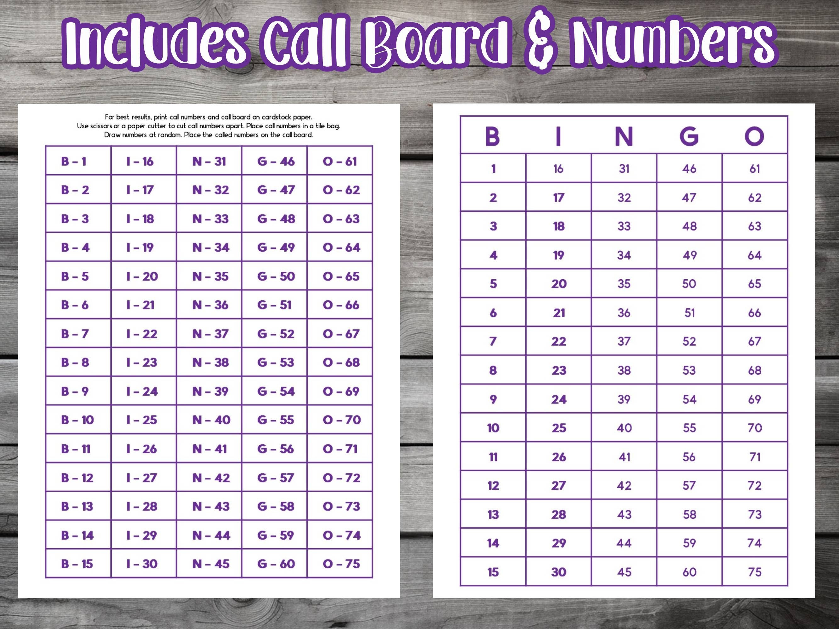 20 Purple Unique Printable Bingo Cards, Family Friendly Digital ...