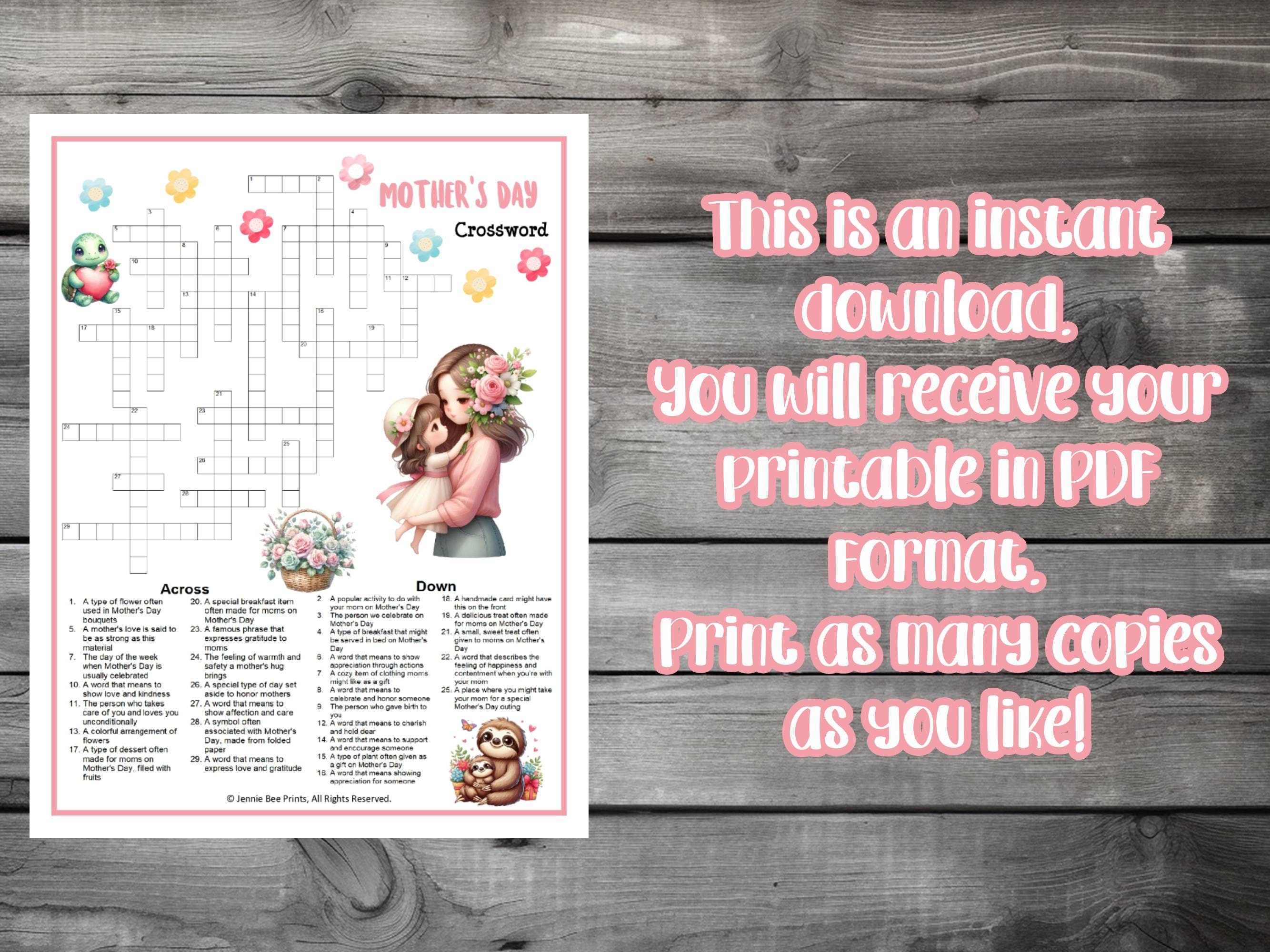 Mother's Day Crossword Puzzle, Family Friendly Fun Printable, Puzzles ...