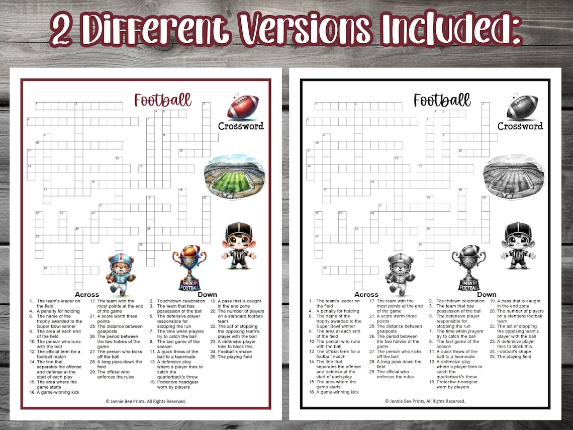 Football Crossword Puzzle, Family Friendly Fun Printable, Puzzles for ...