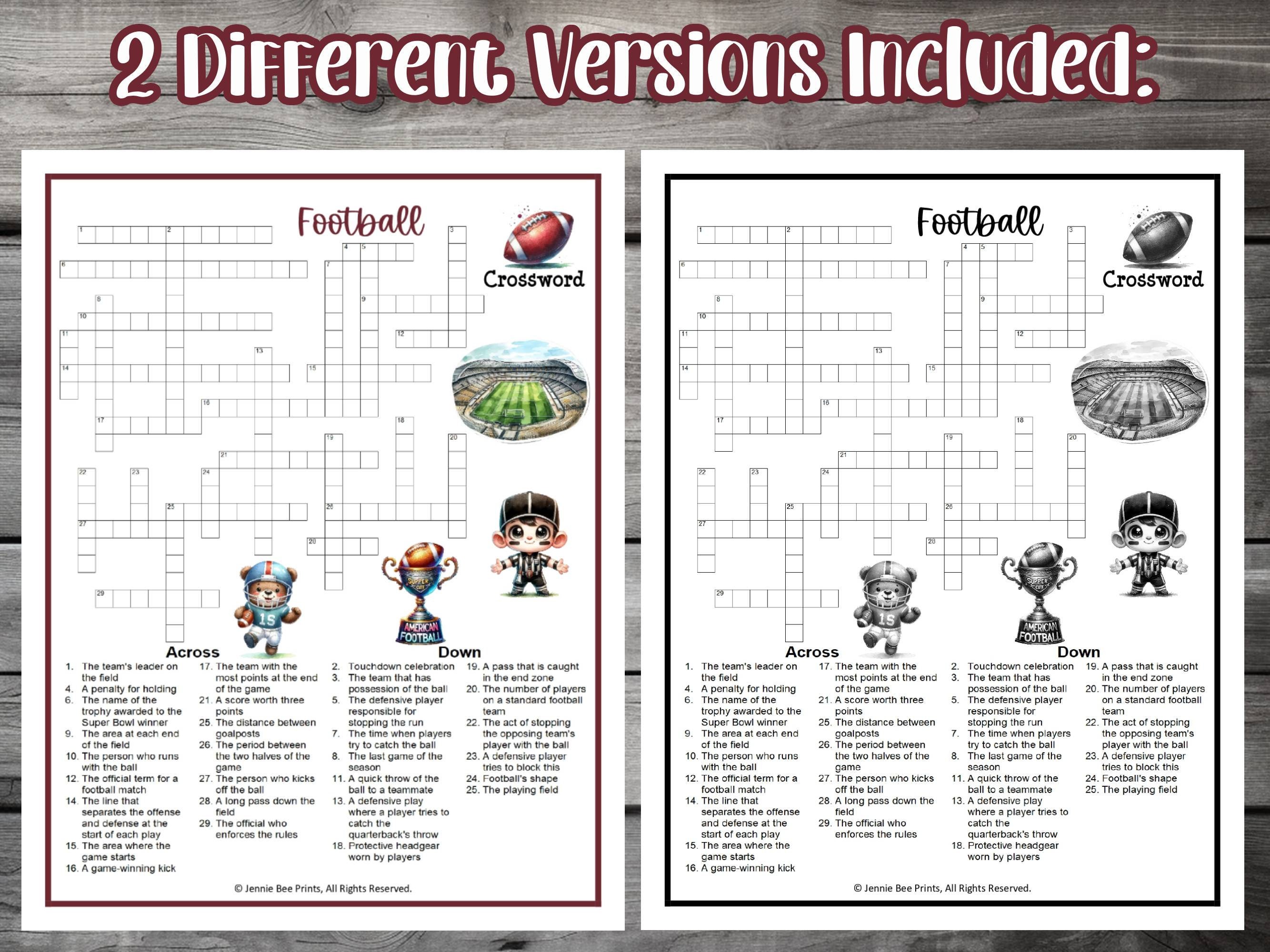 Football Crossword Puzzle, Family Friendly Fun Printable, Puzzles for ...