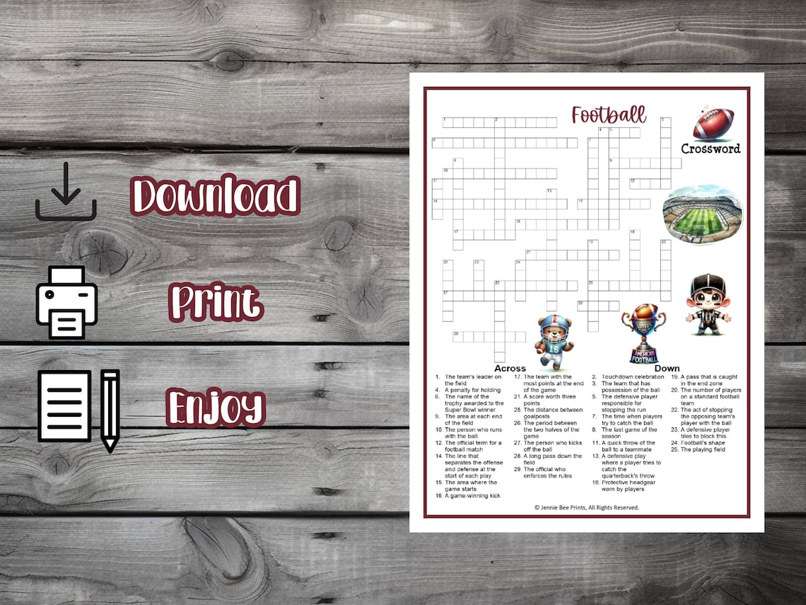 Football Crossword Puzzle, Family Friendly Fun Printable, Puzzles for ...