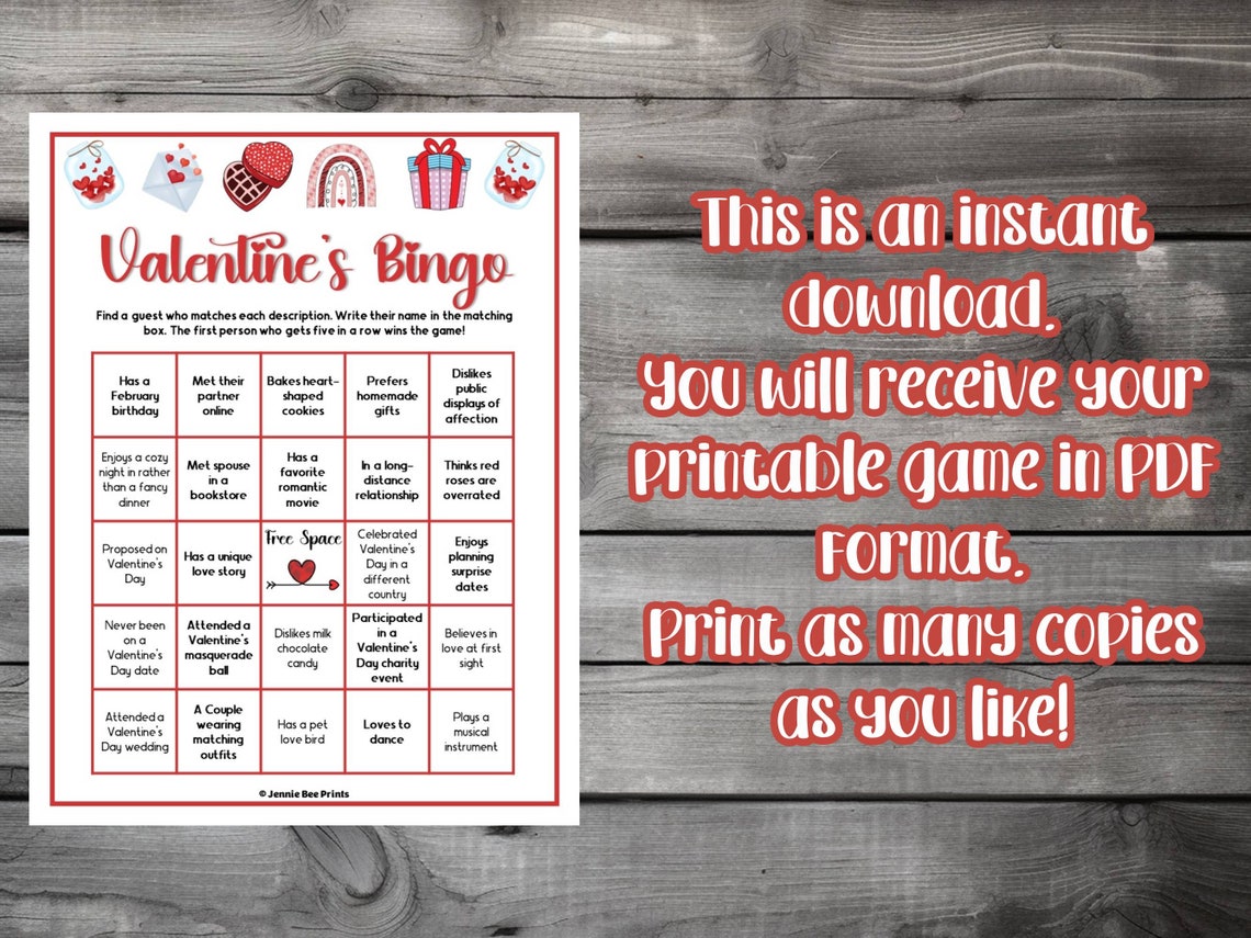 Valentines Day Bingo Game, Family Friendly Fun Valentine's Party Game ...
