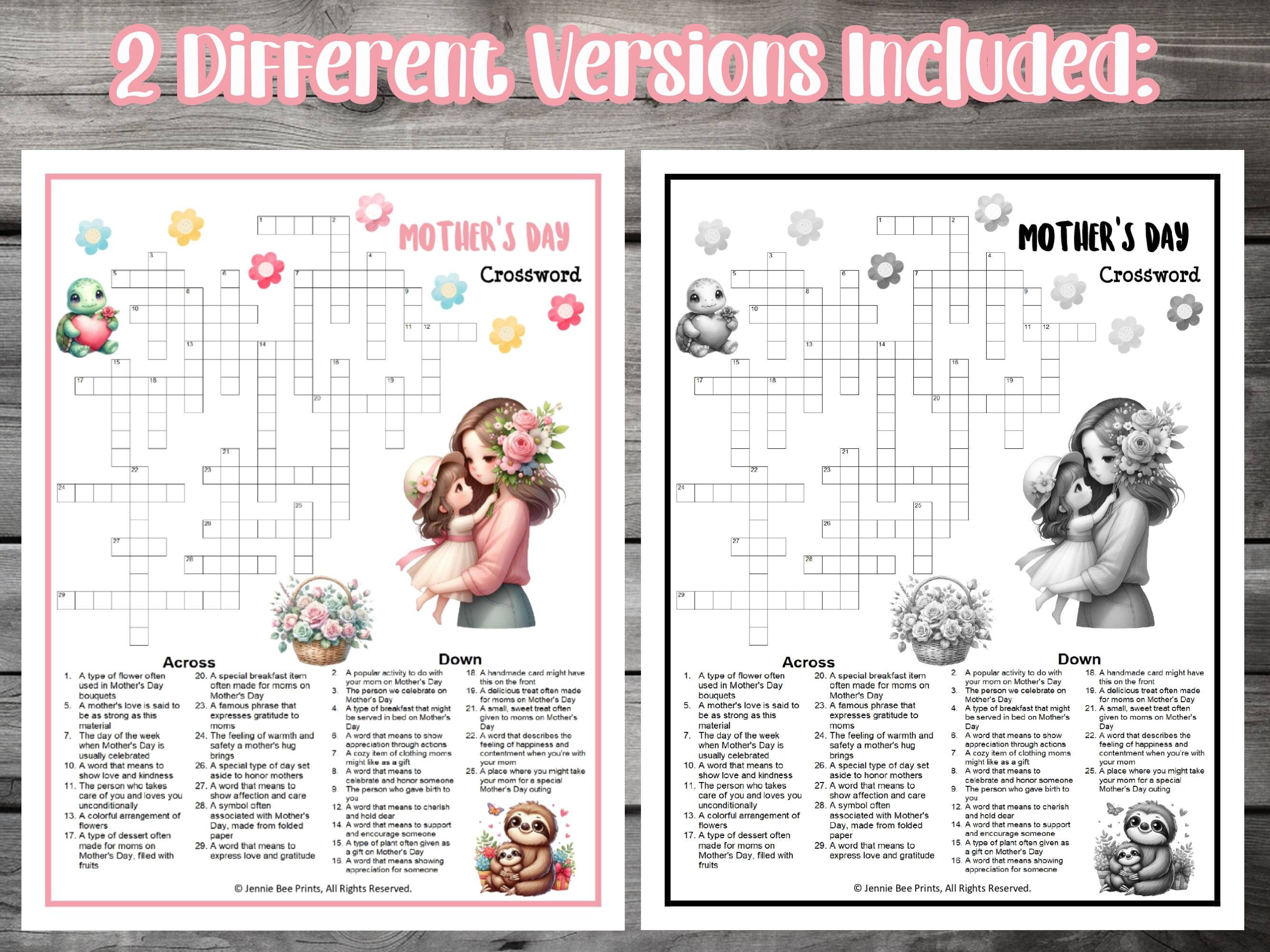 Mother's Day Crossword Puzzle, Family Friendly Fun Printable, Puzzles ...