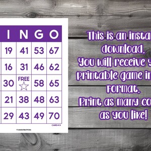 20 Purple Unique Printable Bingo Cards, Family Friendly Digital ...
