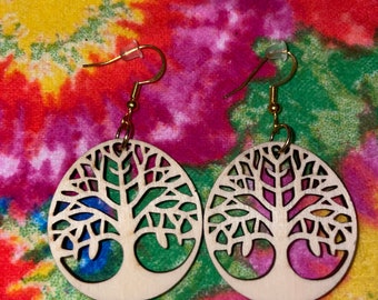 Love Tree of Life Laser Cut Alder Wood Earrings, Hook Style, Satin ...