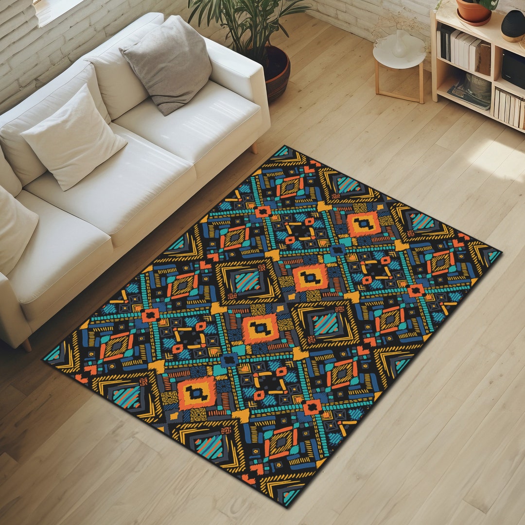 Vibrant African-ispired, Tribal Ornaments Printed Rug; Machine Washable ...