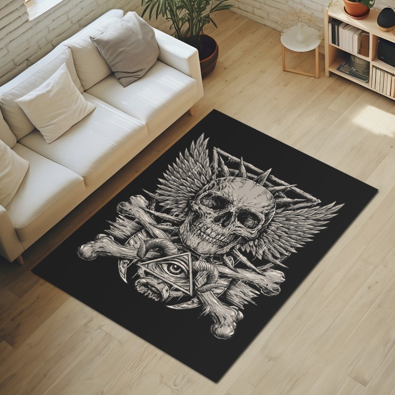 Heavy Metal Inspired Skull Design Printed Rug Machine Washable, Unique ...