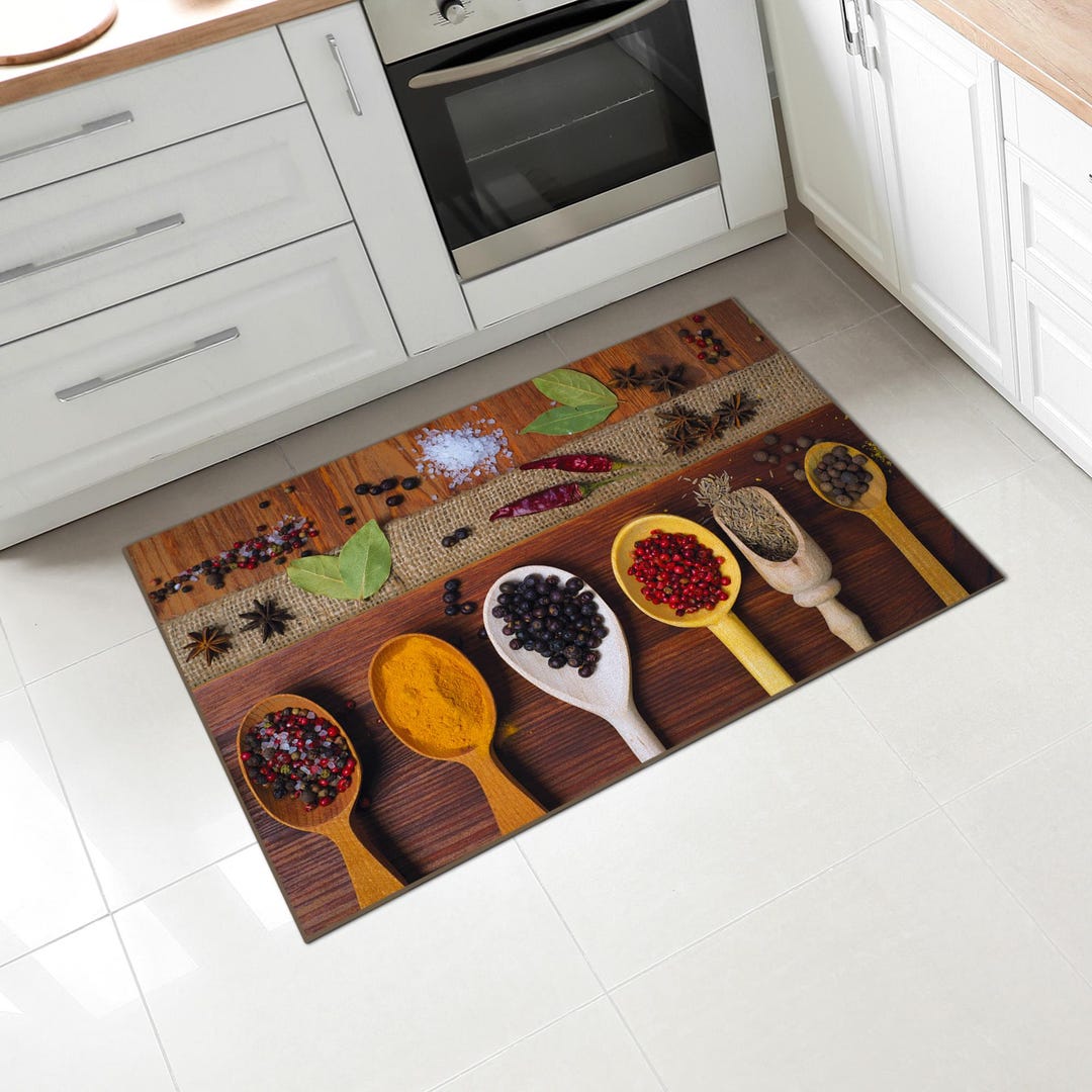 Spice Spoon Kitchen Rug; Colorful Cooking Themed Floor Mat; Machine ...