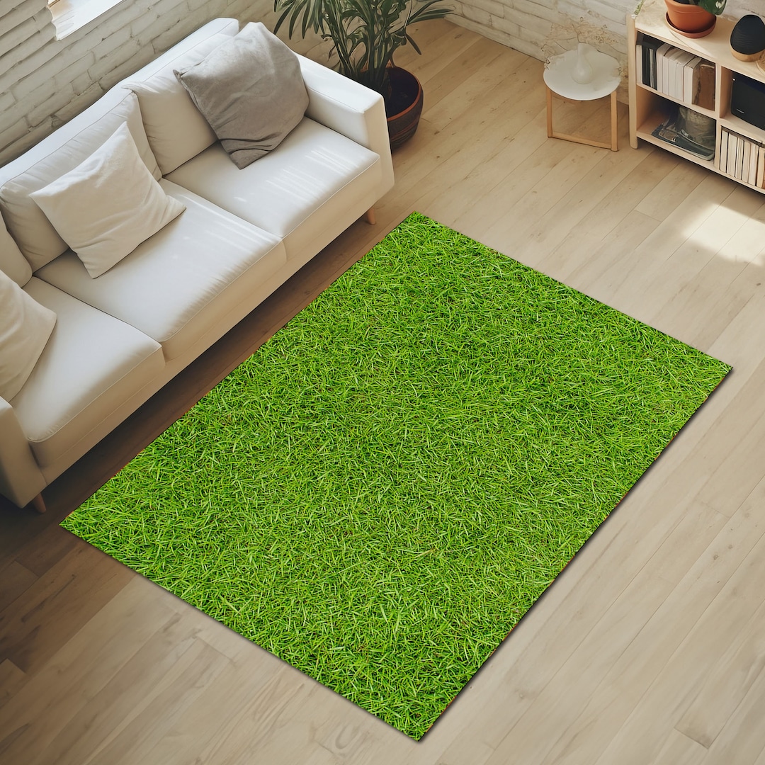 Vibrant Lush Green Grass Print Area Rug; Machine Washable Unique Grass ...