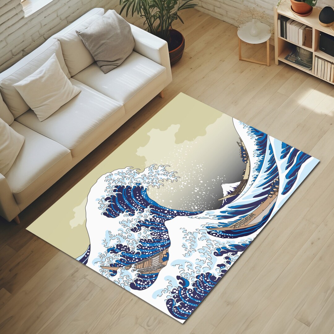 The Great Wave off Kanagawa Printed Rug; Machine Washable Japanese Art ...