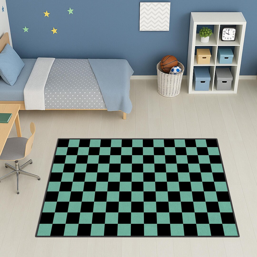 Vibrant Anime-inspired Checkerboard Area Rug; Machine Washable Green ...