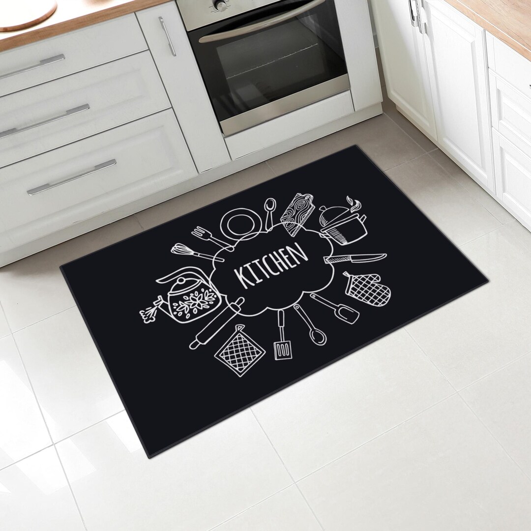 Custom Kitchen Rug; Black Cooking Themed Mat With Utensil Illustrations ...
