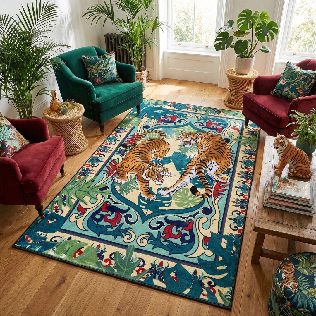 Emerald Green Tibetan Tiger Area Rug Featuring A Maximalist Chinoiserie ...