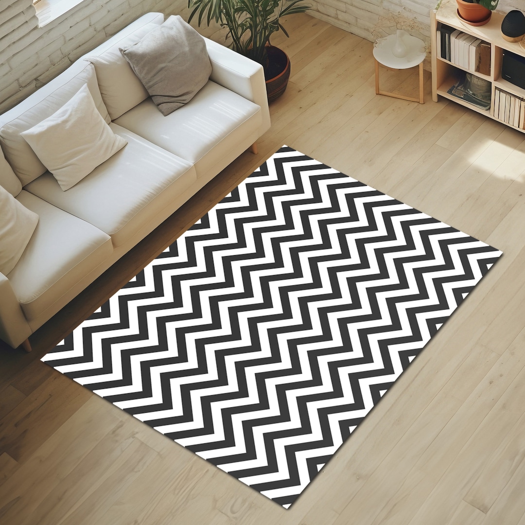 Chic Black and White Zigzag Pattern Printed Area Rug; Machine Washable ...