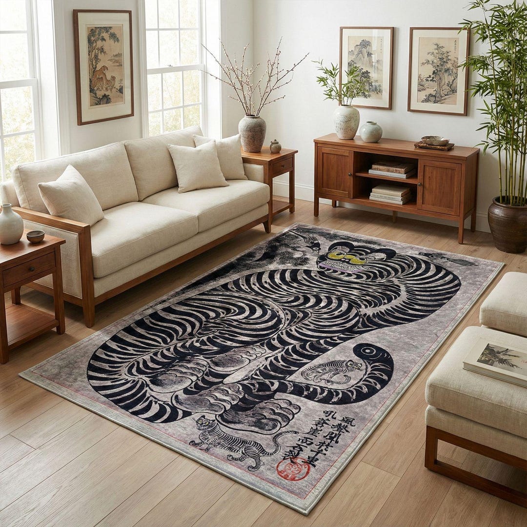 Traditional Korean Folk Art Tiger Area Rug Featuring A Stylized ...