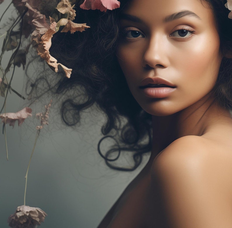 Woman With Flower Bouquet Head Realistic Painting of Flower Crown ...