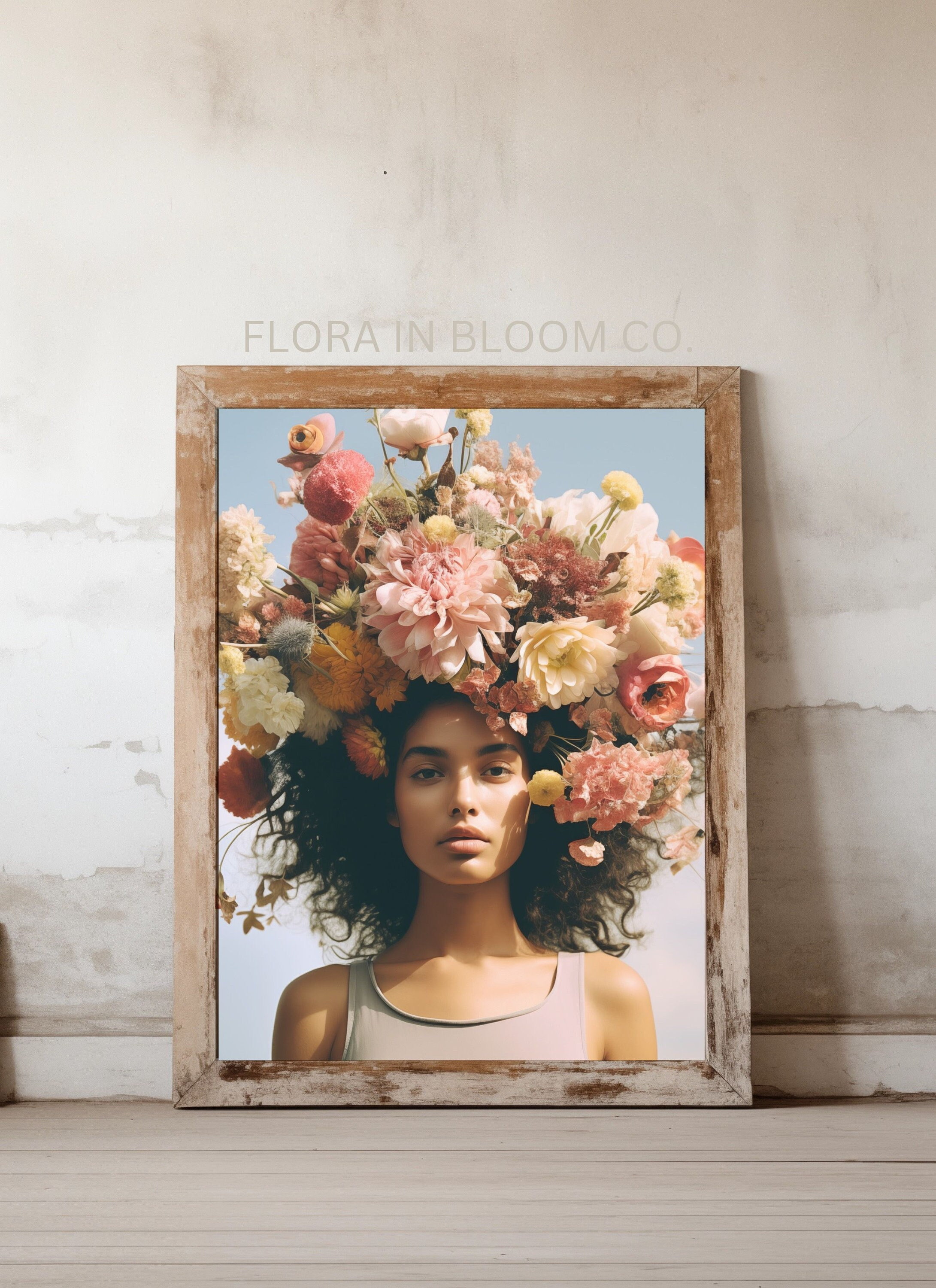 Woman With Flower Bouquet Head Realistic Painting of Flower Crown ...