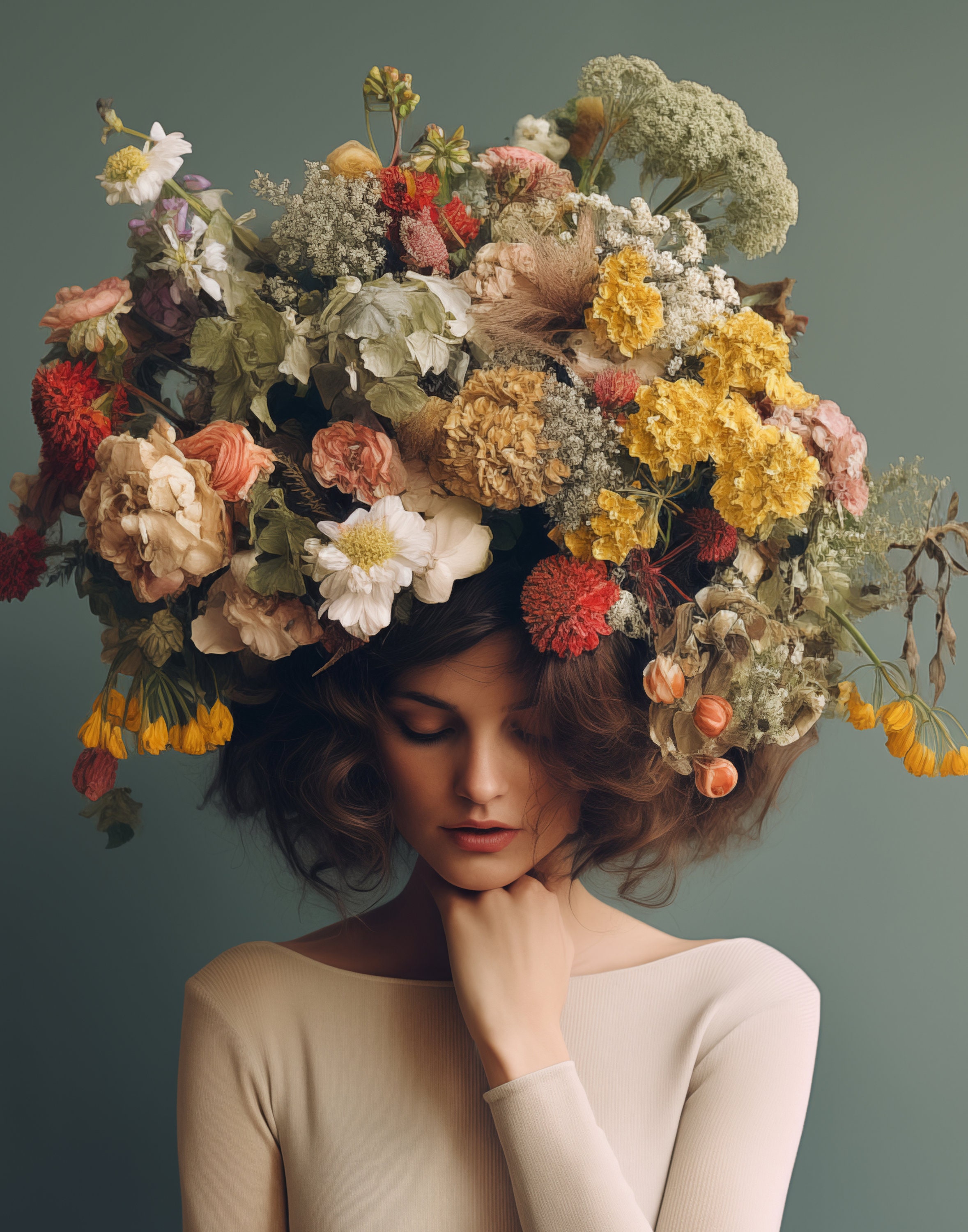Woman With Flower Bouquet Head Realistic Painting of Flower Crown ...