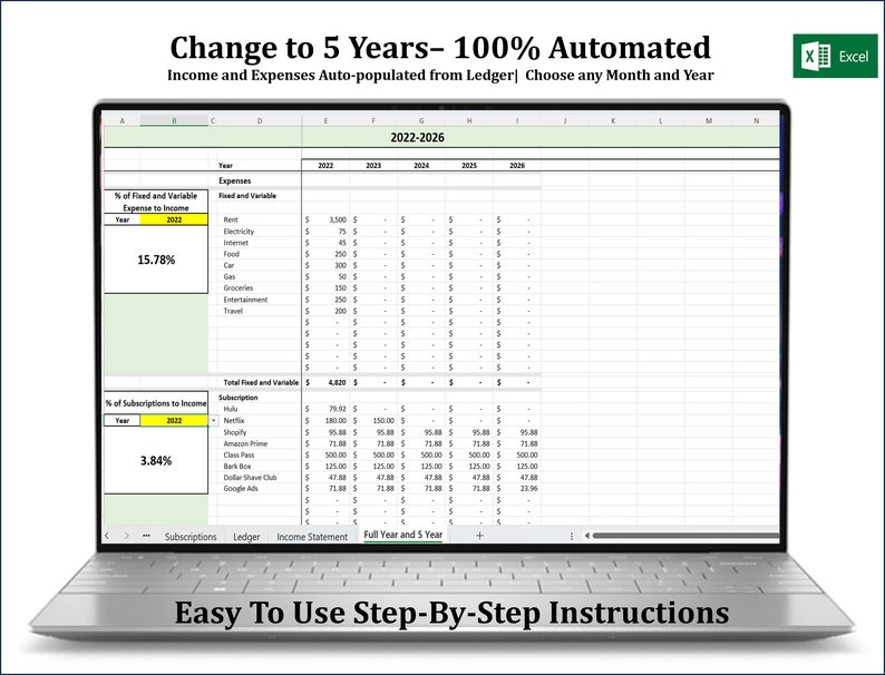 Subscription Income Expense Personal Finance Excel Spreadsheet ...
