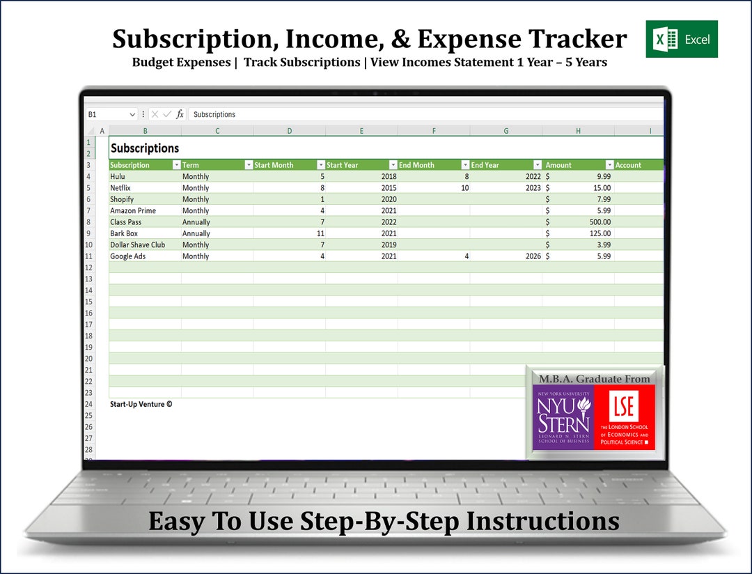 Subscription Income Expense Personal Finance Excel Spreadsheet ...