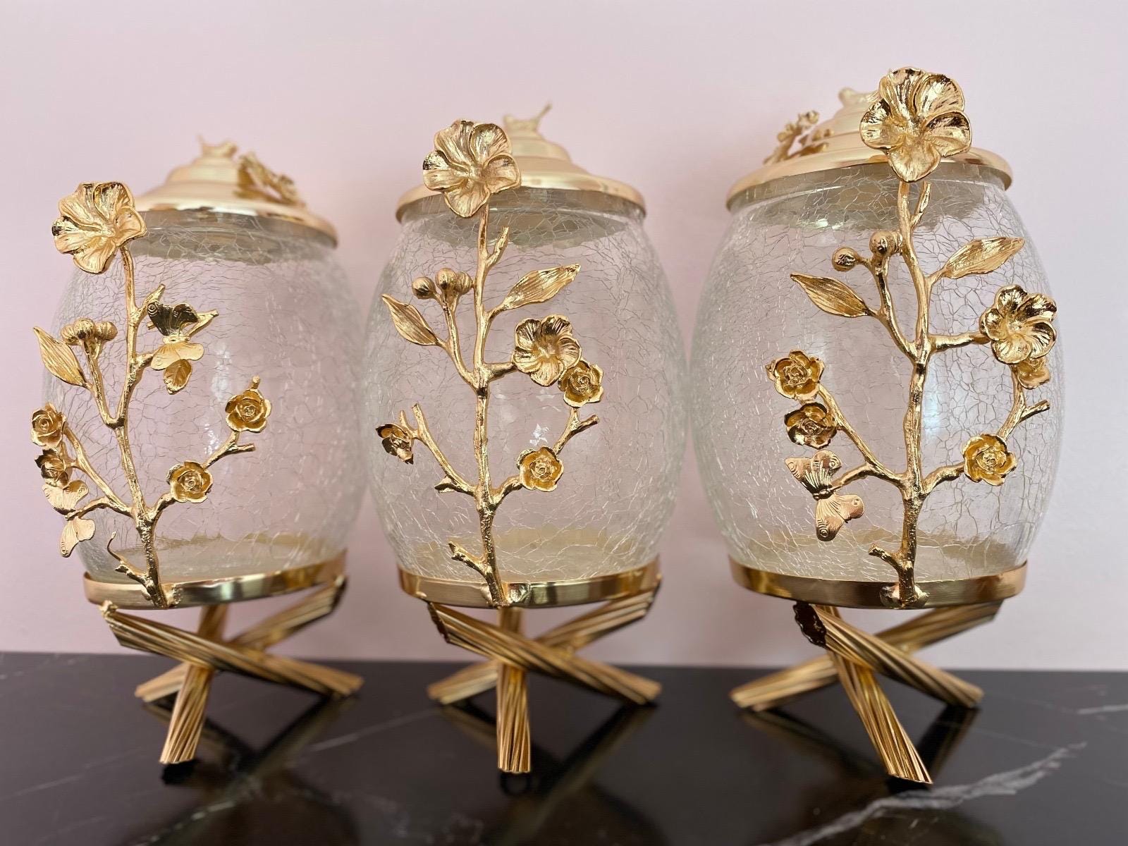Gold Canister Set for Kitchen 3 Piece Glass Storage Jar Set - Etsy