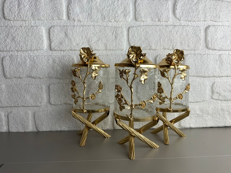 Gold Canister Set for Kitchen 3 Piece Glass Storage Jar Set - Etsy