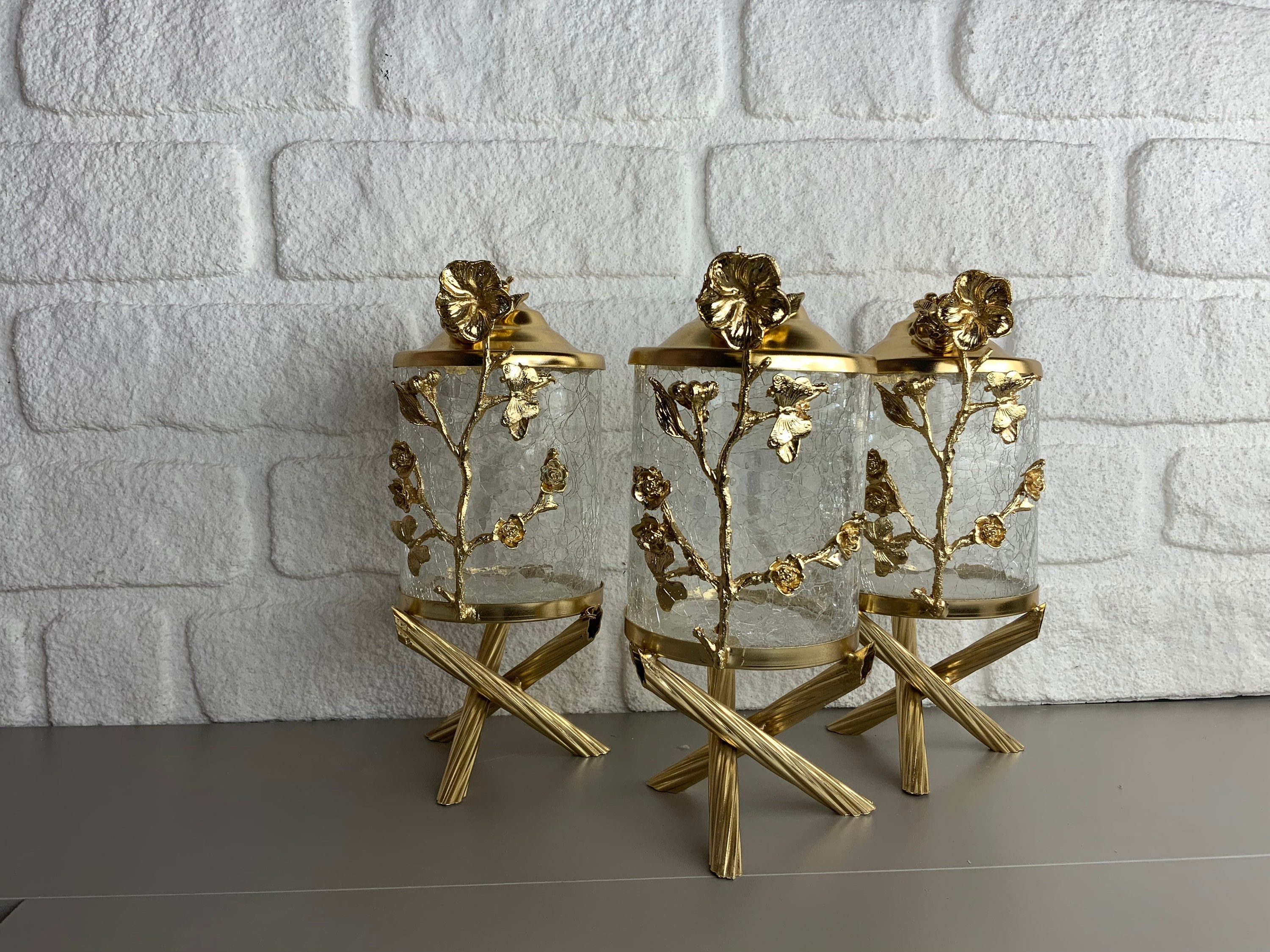 Gold Canister Set for Kitchen 3 Piece Glass Storage Jar Set - Etsy