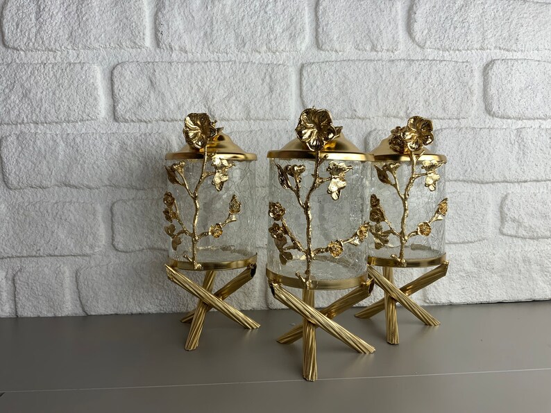 Gold Canister Set for Kitchen 3 Piece Glass Storage Jar Set - Etsy