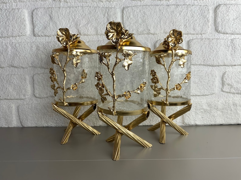 Gold Canister Set for Kitchen 3 Piece Glass Storage Jar Set - Etsy