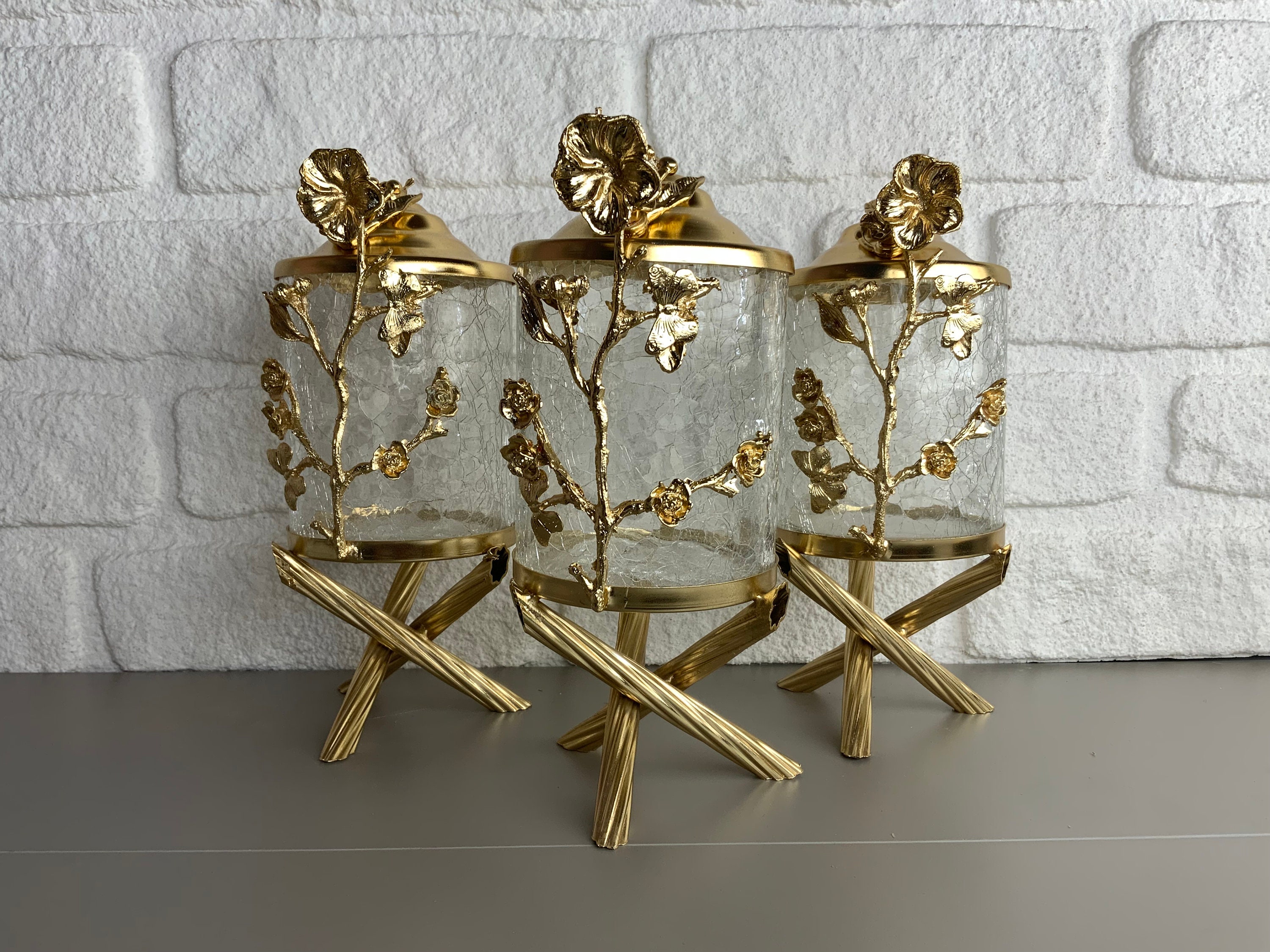 Gold Canister Set for Kitchen 3 Piece Glass Storage Jar Set - Etsy