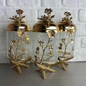 Gold Canister Set for Kitchen 3 Piece Glass Storage Jar Set - Etsy