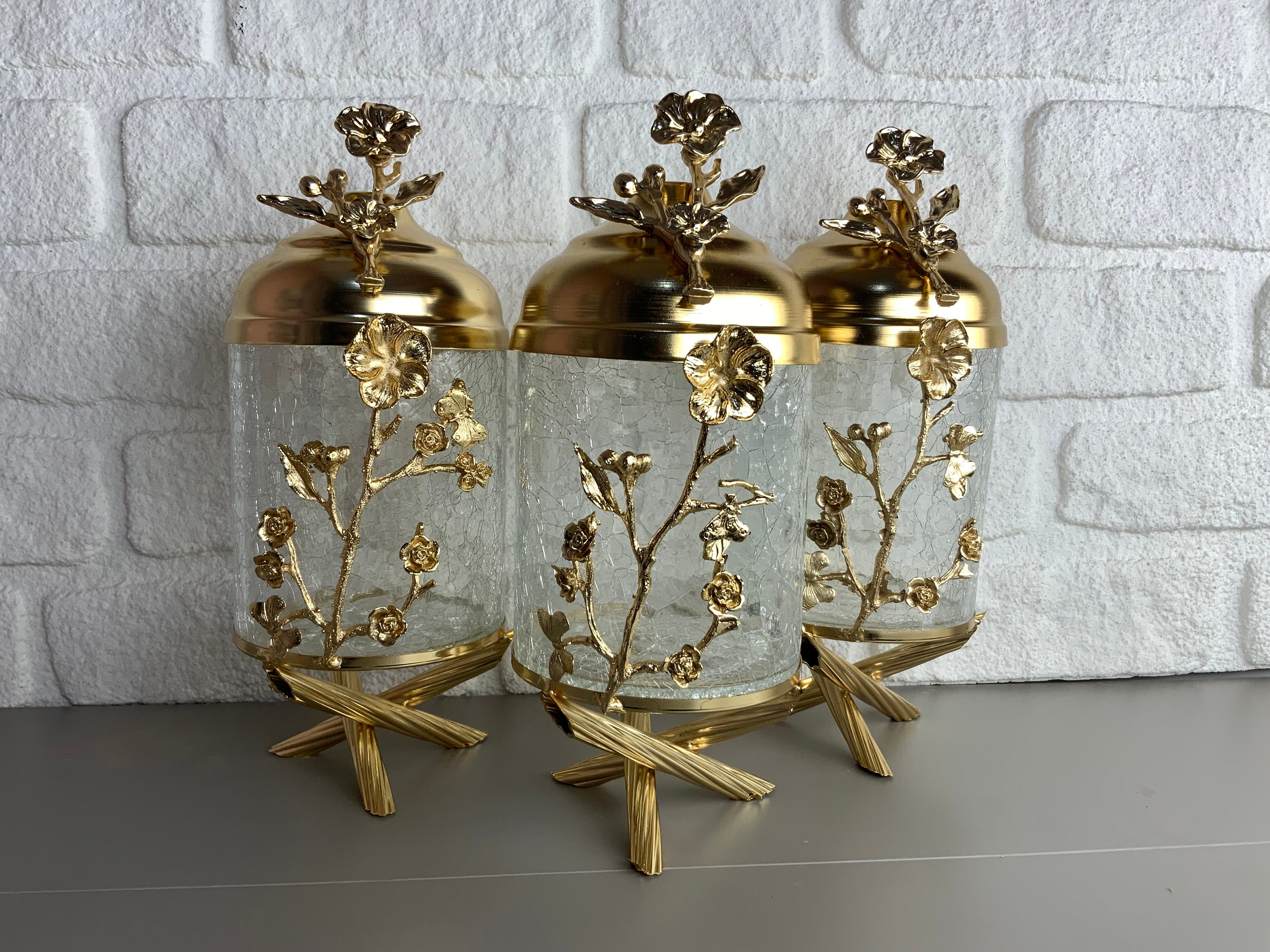 Gold Canister Set for Kitchen 3 Piece Glass Storage Jar Set - Etsy