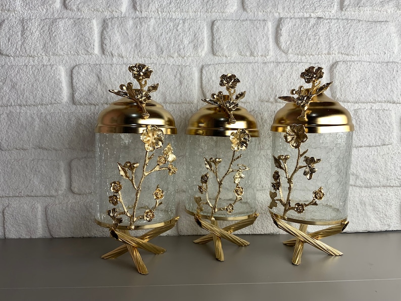 Gold Canister Set for Kitchen 3 Piece Glass Storage Jar Set - Etsy